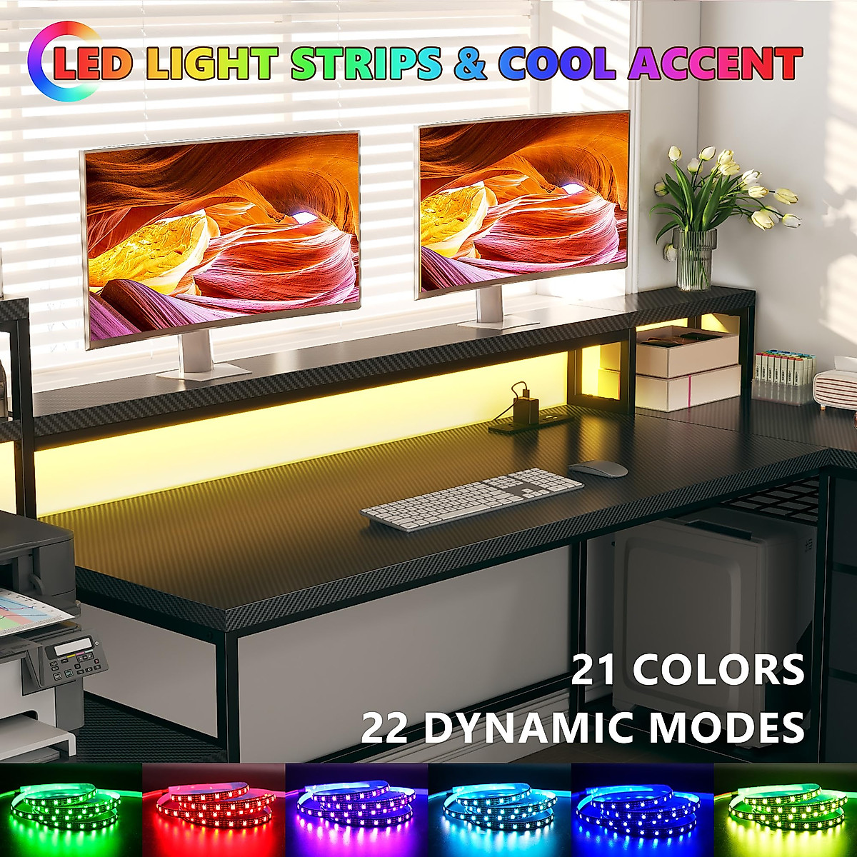 EnHomee 70.9" L Shaped Gaming Desk with Drawers Reversible L Shaped Computer Desk with Power Outlet & LED Lights Home Office Desk with Storage Shelves and Monitor Stand Corner Desk, Black Carbon Fiber