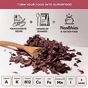 Organic Atlantic Dulse Flakes - Young Baby Seaweed Grown in North Atlantic, Vacuum Dried Premium Quality. Soft Texture & Mild Taste. Add 1 tsp to your dish for daily vitamins/minerals. 30 Servings