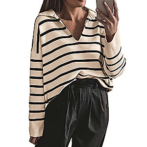 CFLONGE Women's Fall Winter Casual Breton Striped Long Sleeve Polo V Neck Pullover Sweater Loose Fit Drop Shoulder Knitted Shirts Tops(Small,Apricot)