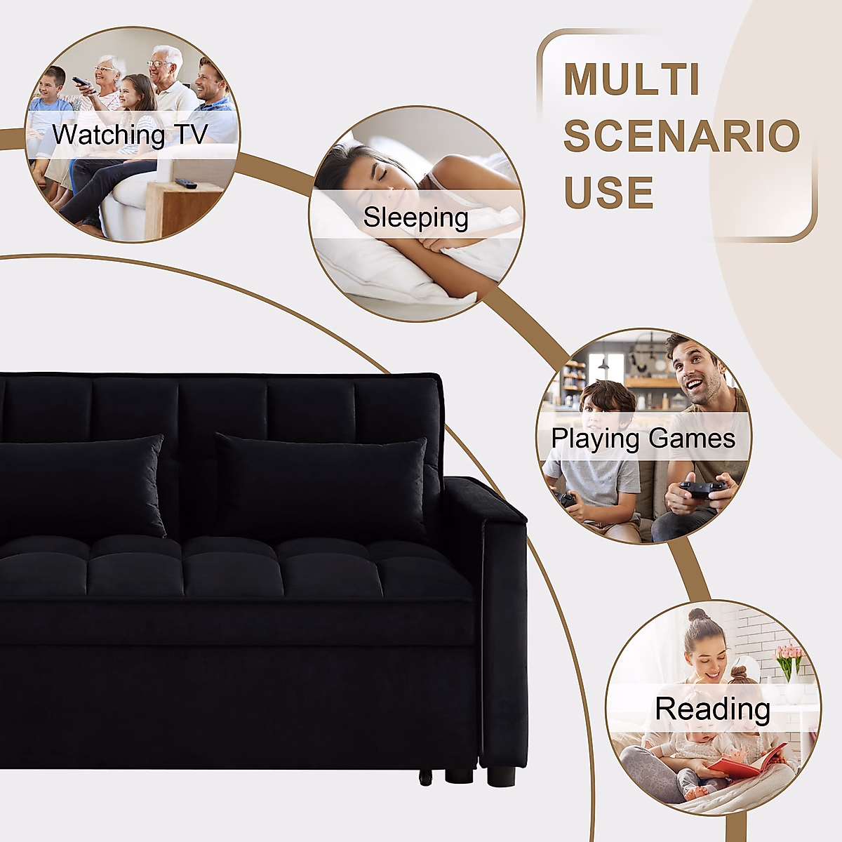 SumKea 55'' 3-in-1 Velvet Convertible Loveseat Sofa Bed-2-Seater Sleeper Couch with Pull-Out Bed, Reclining Backrest, Pillows, Pockets-Perfect for Small Spaces, Living Room Furniture, Dark Black