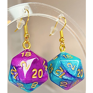 d20 20-Sided Polyhedral Dice Earrings - Hook with Earnuts (Light Blue-Purple Swirl)
