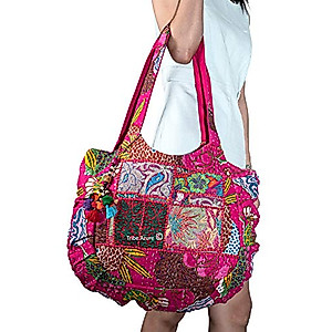TribeAzure Large Fashion Pink Canvas Shoulder Bag Handbag Unique Tote Quilt Vintage Beach Travel Summer