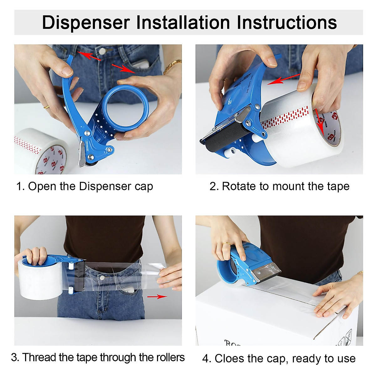 3 Inch Wide Clear Packing Tape with Dispenser,2.4 Mil x 55 Yards Heavy Duty Packaging Tape Refill for Shipping,Industrial Grade,Urtal Strong Boxing Tape for Moving,Mailing and Storages