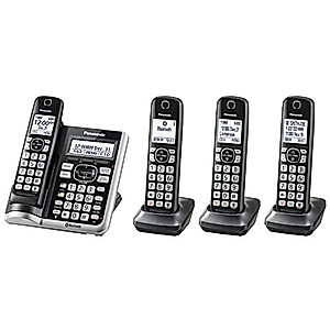 PANASONIC Link2Cell Bluetooth Cordless Phone System with Voice Assistant, Call Blocking and Answering Machine. DECT 6.0 Expandable Cordless System - 4 Handsets - KX-TGF574S (Silver)