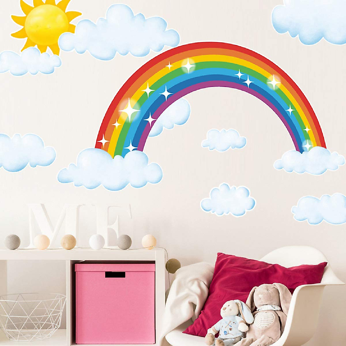 HERRA Sparkling Rainbow Cloud Animal Wall Decal Wall Sticker, Home Decor Peel and Stick Removable Rainbow Cloud Animal Wall Stickers Wall Mural for Kids Nursery Bedroom Living Room