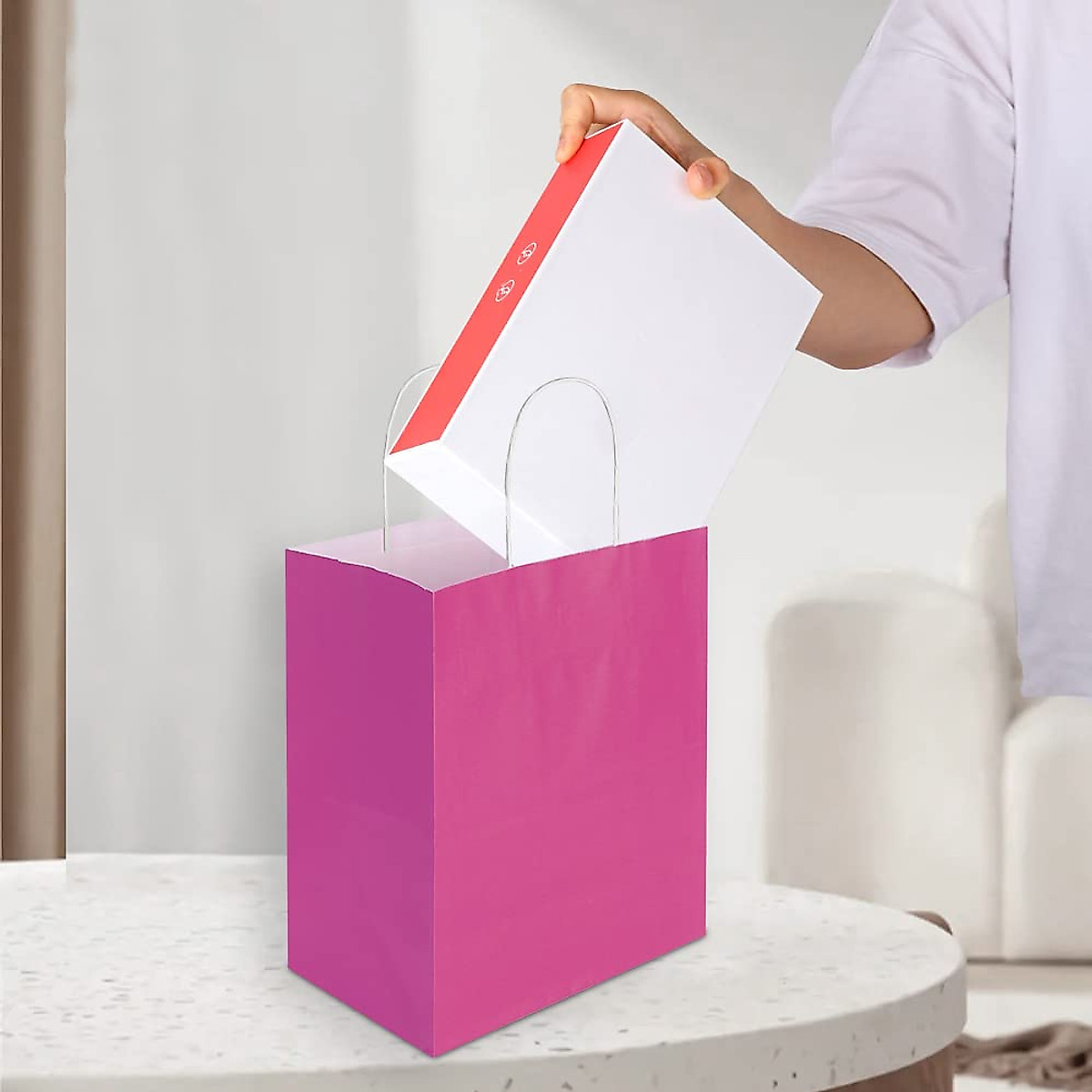 Each 100 Pack Medium Fuchsia & Yellow Kraft Paper Gift Bags with Handles Bulk