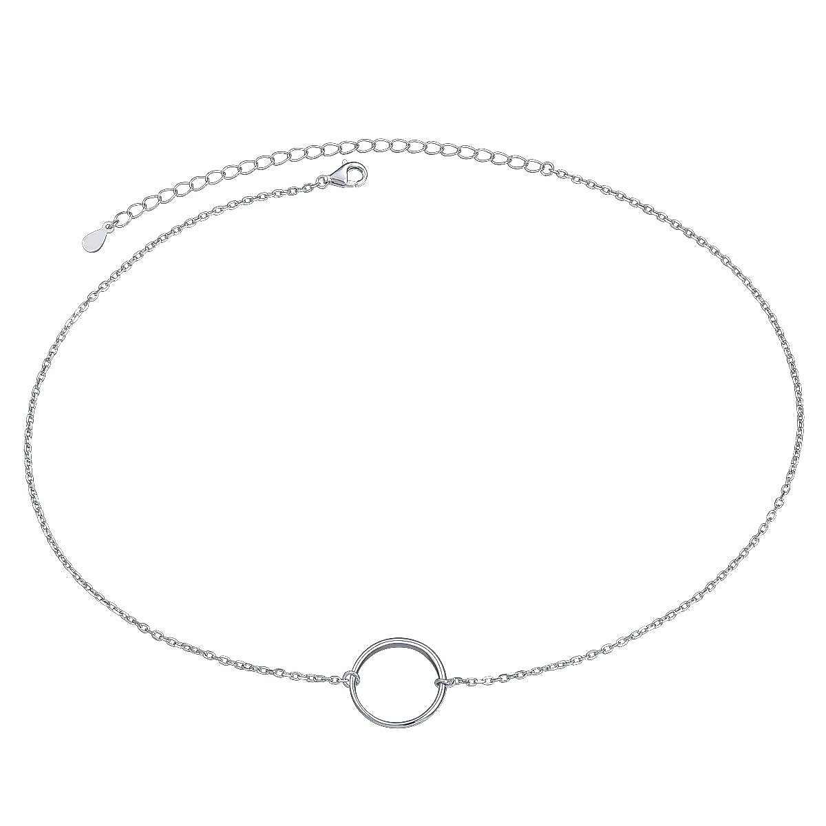 Ladytree S925 Sterling Silver Dainty Simple Circle Pendant Eternity Choker Necklace,Rolo Chain,13+3 inches