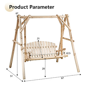 Swing and Swing Frame Combination Porch Swing with Stand Log Swing Stand 67 Inch Wooden Porch Swing A-Frame Backyard Swing Chair Outdoor Rustic Curved Garden Swing Bench, Nature