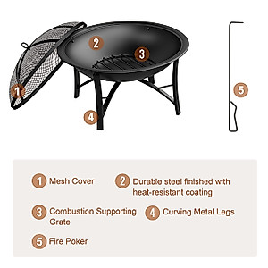 Fire Beauty Fire Pit for Outside Wood Burning,BBQ Grill Steel Fire Bowl with Spark Screen Cover,Log Grate,Poker for Camping Beach Bonfire Picnic Backyard Garden
