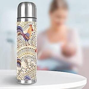 Seamless Art Cock Rooster Stainless Steel Water Bottle, Leak-Proof Travel Thermos Mug, Double Walled Vacuum Insulated Flask 17 OZ
