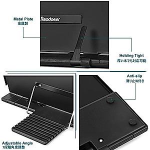 Readaeer Metal Book Stand for Desk Portable Document Holder for Cook Book, Music Book, iPad, Laptop, Reading Rest with 7 Adjustable Positions and Page Paper Clips