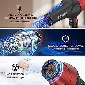 WADODO Hair Dryer, 2200W Professional Ionic Blow Dryer with Blue Ray Hair Care, Powerful Salon Fast Drying Constant Temperature Low Noise AC Motor Curly Hairdryer Blowdryer for Women Men(Black & Red)