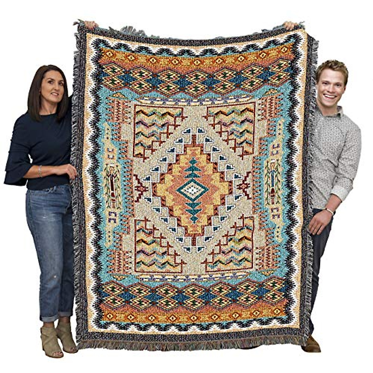Pure Country Weavers Turquoise Blanket - Southwest Native American Inspired - Gift Tapestry Throw Woven from Cotton - Made in The USA (72x54)