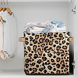 Leopard Wlidlife Print Striped Cube Storage Bins 13 x 13 x 13 inch, Leopard Animals Print Fabric Organizer Bins Basket Boxes with PU Leather Handles Foldable Storage Cube for Clothes Bedroom Closet Shelves