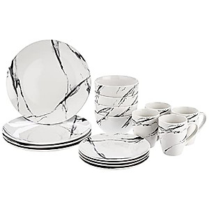American Atelier Marble Black Coup Casual Round Porcelain Dinnerware Set-16 Piece Party Collection w/ 4 Dinner Salad Plates, 4 Bowls & 4 Mugs, 10.5", White