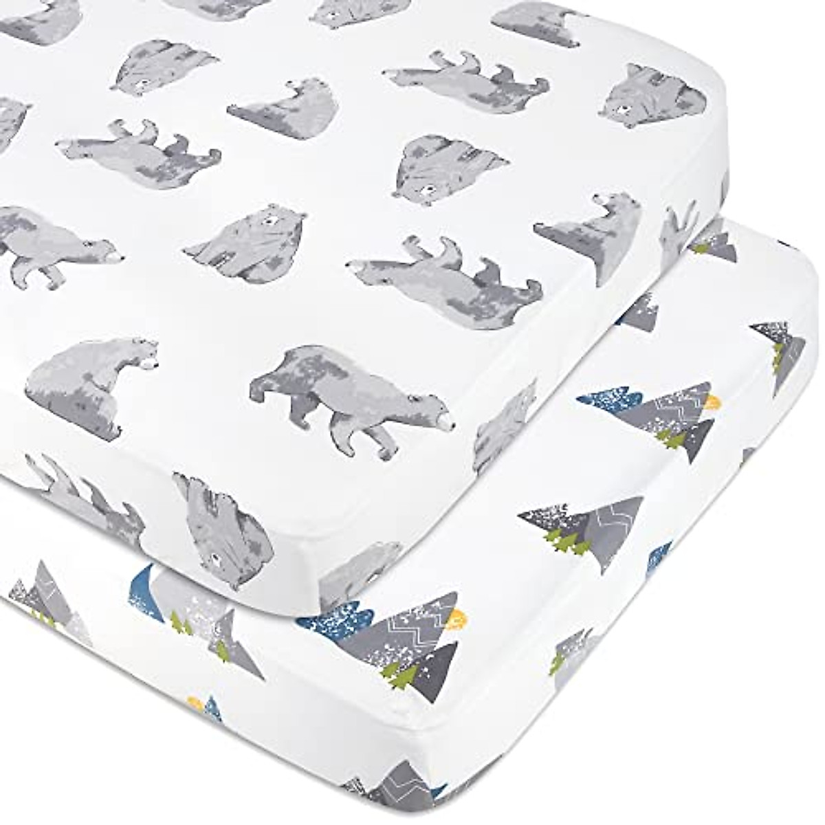 Standard Microfiber Fitted Crib Sheets for Baby Girl, Baby Boy, and Neutral, 2 Pack Crib Sheets Crib Essentials for Baby 28x52 Crib Sheets (Bears & Mountains)