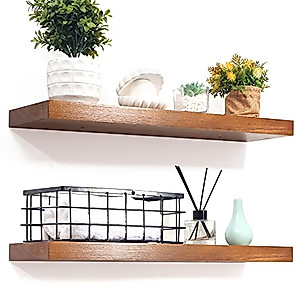 Marsmiles Floating Shelves, 24 Inch Rustic Wood Wall Shelves with Invisible Brackets, Set of 2 Wall Mounted Storage Decor Shelves for Bedroom Living Room Bathroom Kitchen Light Walnut