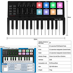 Midi Controller, lotmusic Worlde TUNA PANDA MINI 25 Keys Portable USB Midi Keyboard with 8 RGB Backlit Colorful Drum Beat