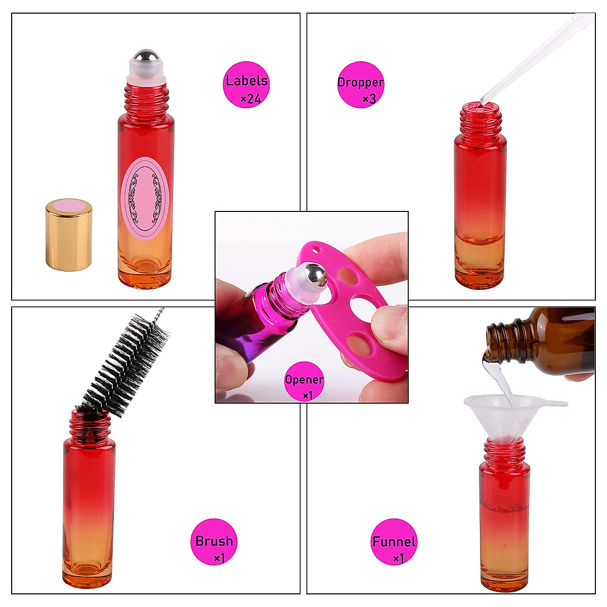 inice 24 10ml Essential Oils Roller Bottles Gradient Color Thick Glass Roll on Bottle Golden Metal Cap for Travel