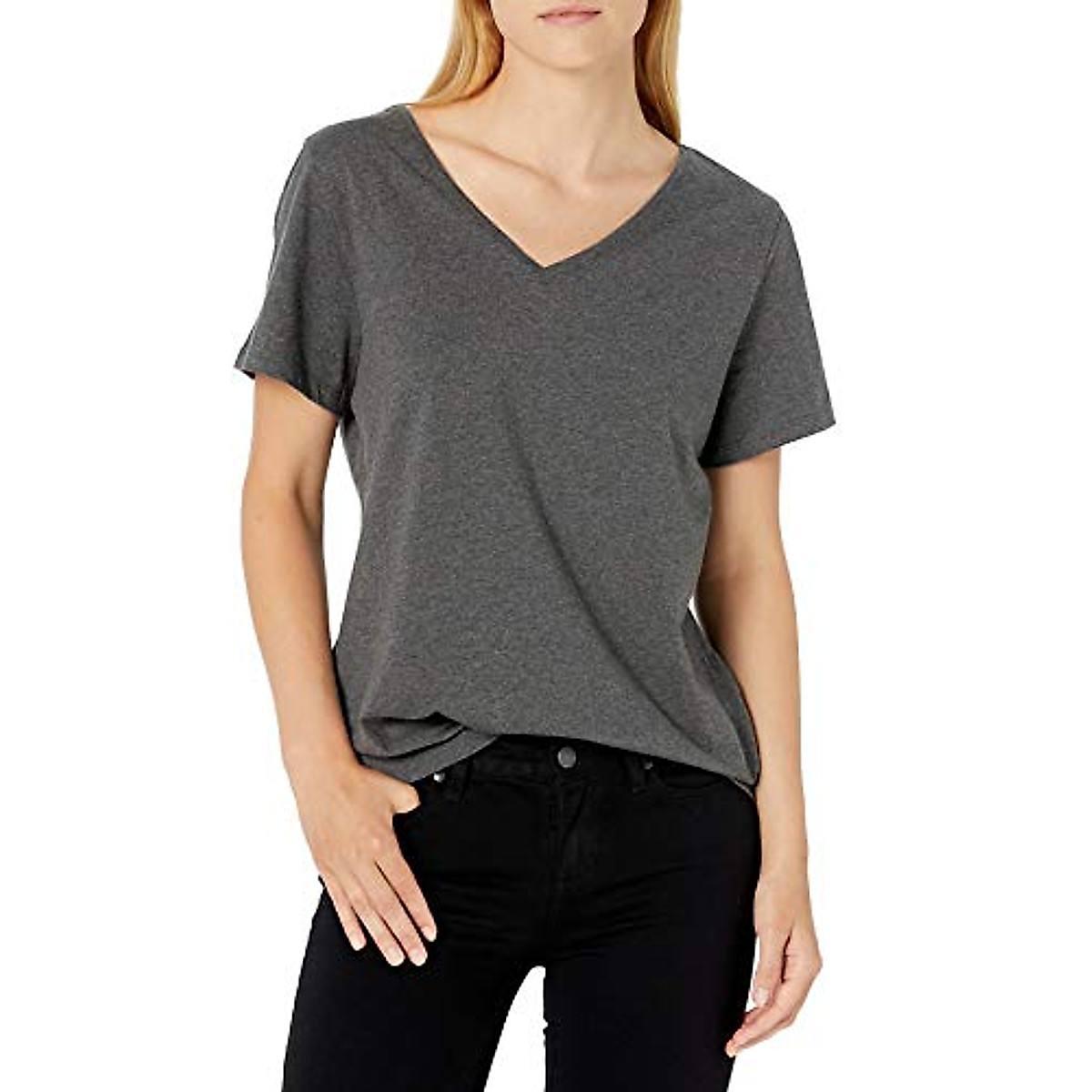 Amazon Essentials Women's Classic-Fit 100% Cotton Short-Sleeve V-Neck T-Shirt (Available in Plus Size), Pack of 2, Charcoal Heather/Light Grey Heather, Medium