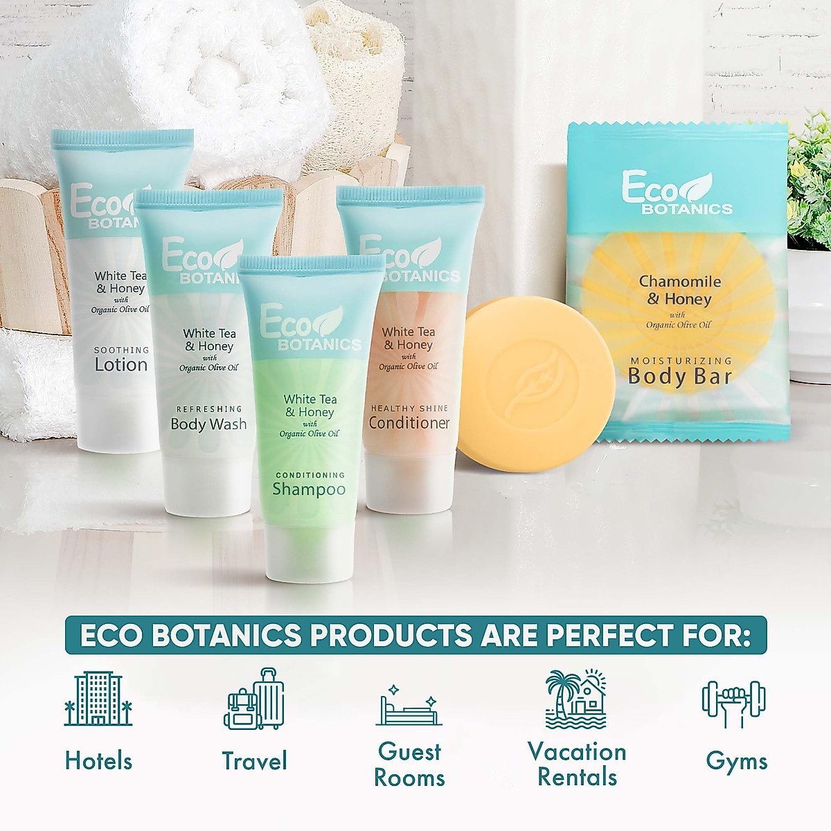 Eco Botanics Hotel Soaps and Toiletries Bulk Set | 1-Shoppe All-In-Kit Amenities |0.85oz Shampoo & Conditioner, Body Wash, Body Lotion & 0.89oz Bar Soap Travel Size | 75 Pieces