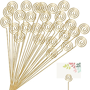 CCINEE 30Pcs Metal Wire Floral Place Card Holder Pick 13In Golden Floral Picks Photo Memo Car Holder for Wedding Birthday Party Supply（Round Shaped）