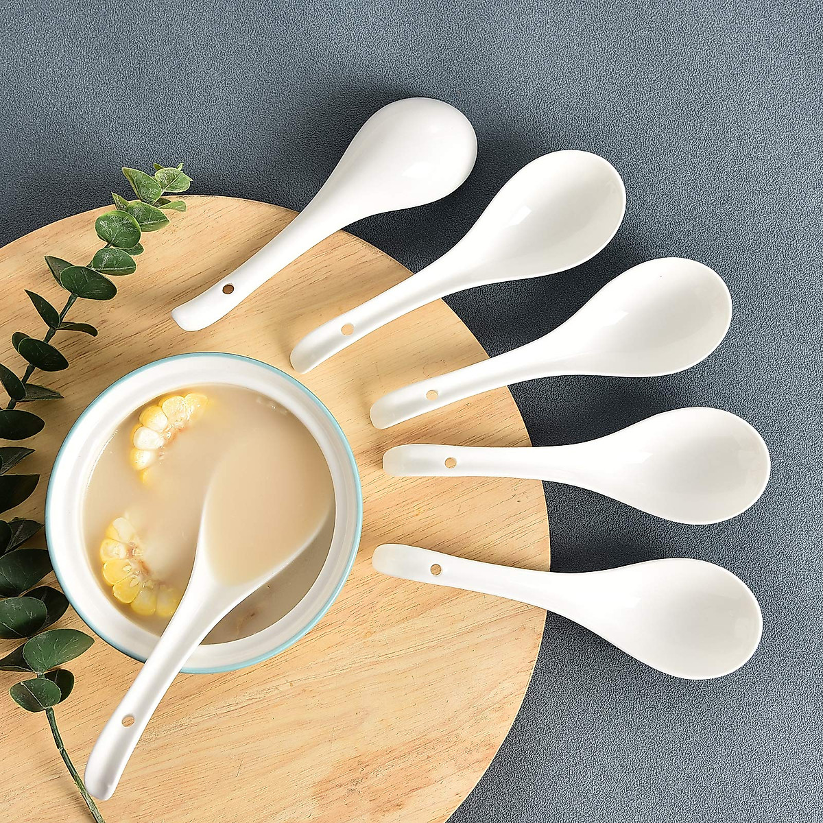 NJCharms Ceramic Soup Spoons Set of 6, 6.8 inch Large Asian Soup Spoon sets Suitable for Pho, Ramen, noodles, White