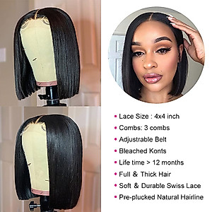 Foreverlove 12 Inch Bob Wig Human Hair Ready to Wear Glueless 4x4 Lace Closure Wigs Human Hair Pre Cut 180% Density Unprocessed Brazilian Virgin Human Hair