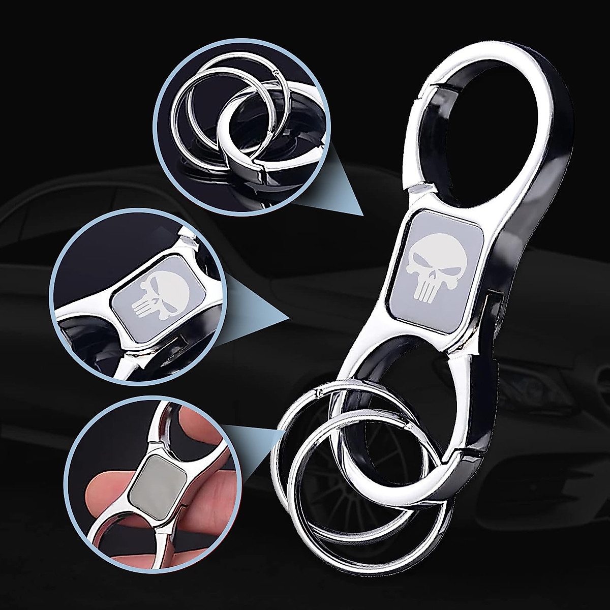 gunhunt 1 Pack Skull Key Chain, Key Chain with 2 Key Rings and Quick Release Zinc Alloy Detachable Key Chain (Silver)