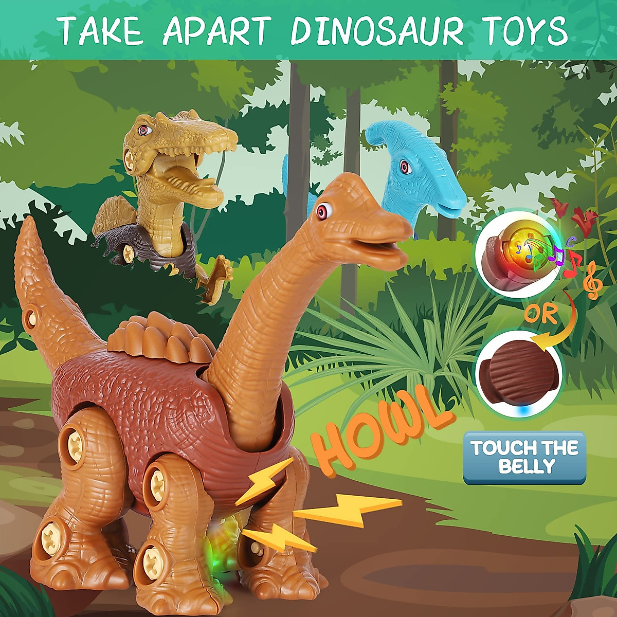 Take Apart Dinosaur Toys for Kids with Sound & Light & Wheel, Dinosaur Toy for 4 5 6 7 8 Year Old Boys,STEM Educational Construction Building Toy with Electric Drill Birthday Gift for Boy Girls