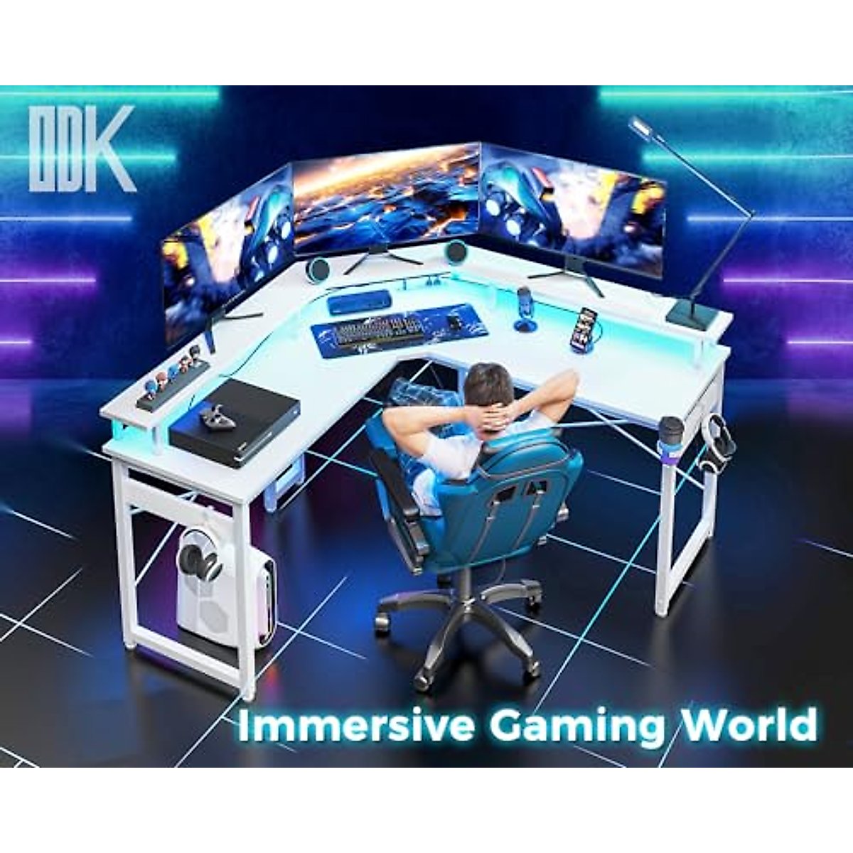 ODK L Shaped Gaming Desk with LED Lights & Power Outlets, 51" Computer Desk with Full Monitor Stand, Corner Desk with Cup Holder, Gaming Table with Hooks, White Carbon Fiber
