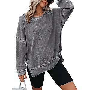 Dokotoo Women's Oversized Sweatshirt for Women Loose Fit Waffle Knit Casual Round Neck Womens Sweatshirts No Hood Long Sleeve Solid Color Shirt Lightweight Soft Tunic Tops Trendy Grey Small