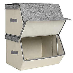 SONGMICS Stackable Storage Bins, Fabric Storage Boxes with Lids, Stackable Storage Cubes with Magnetic Closures, a Semi-Open Front, Lid Can Stay Open after Stacked up, Set of 2, Gray URLB02GE