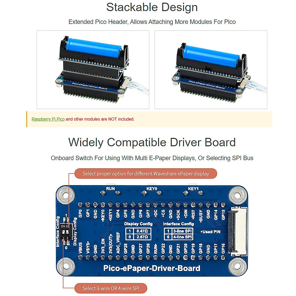 2.9inch Flexible E-Paper Display Module for Raspberry Pi Pico, 296×128 Resolution E-Ink Display Panel, Black/White Display Color, SPI Interface, Support Partial Refresh