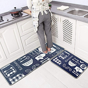 LEEBEI Kitchen Rugs Non Slip Washable Navy-Blue Color Floor Mats for Kitchen Bedroom Rugs Set Area Carpets (15.7×23.6 inch+15.7×47.2 inch,Kitchen-Meal)