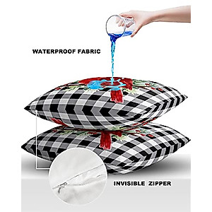 Vandarllin Outdoor Throw Pillows Covers 20X20 Set of 2 Waterproof Red Cardinals Decorative Zippered Lumbar Cushion Covers for Patio Furniture, White Black Buffalo Check Plaid