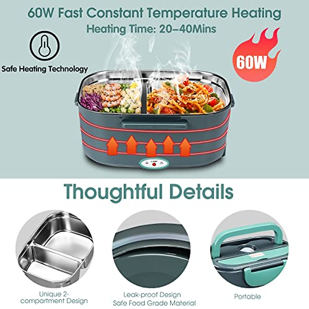 Electric Lunch Box 60W Food Heater, Upgraded 2 Compartments Portable Heated Lunch Box for Car Truck Adults Work Travel, Leak Proof, Self Heating Lunch Box with 1.5L 304 SS Container, 110V/220V/12V/24V
