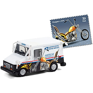 Greenlight 30249 United States Postal Service Long-Life Postal Delivery Vehicle (LLV) - American Motorcycles Collectible Stamps LLV (Hobby Exclusive) 1:64 Scale