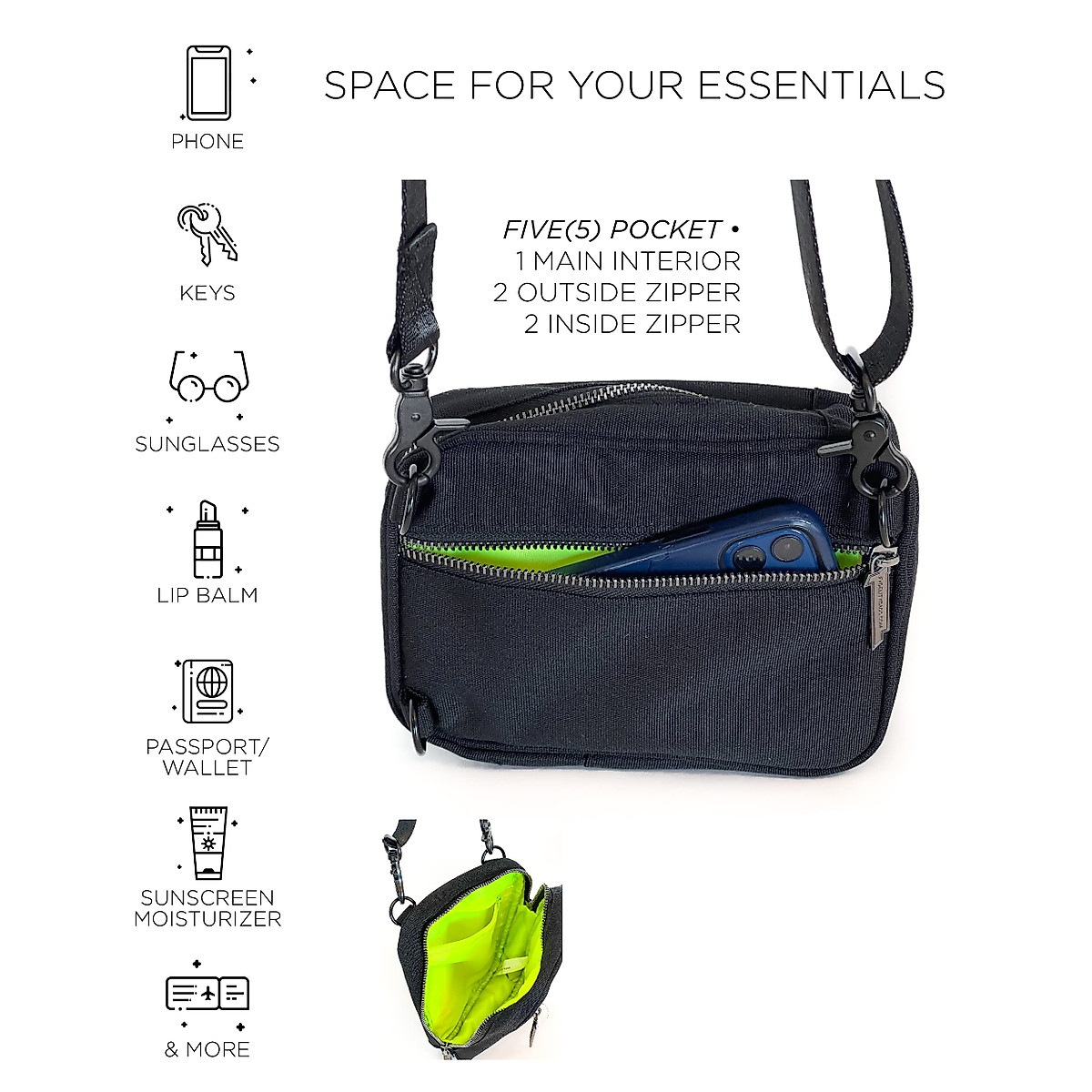 Fydelity Small Crossbody Bags for Women & Men – 80s/90s Small Bum Bag – Stylish Travel & Festival Belt Bag – Ideal Fanny Pack for Daily Fashion – Perfect for Travel & Everyday Wear – Black Bag