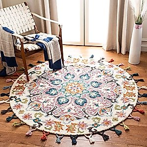 SAFAVIEH Novelty Collection 5' Round Pink / Blue NOV576M Handmade Boho Floral Tassel Wool Area Rug