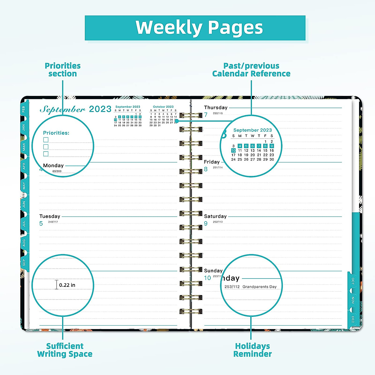 Ymumuda 2023 Planner, Weekly Monthly Planner 2023, 12 Months, JAN.2023 - DEC.2023, 8.4"×6", Spiral Planner Notebook with Stickers, Elastic Closure, Inner Pocket, Coated Tabs, Blue Embroidery Floral