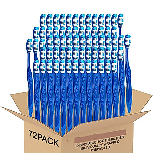 Pre pasted Disposable Toothbrushes Individually Wrapped | Regular Size Head, Soft Bristle Hygienic & Economical | Great for Travel Camping Guestroom Car Office School Hotel Airbnb Gifts (72 Pack)
