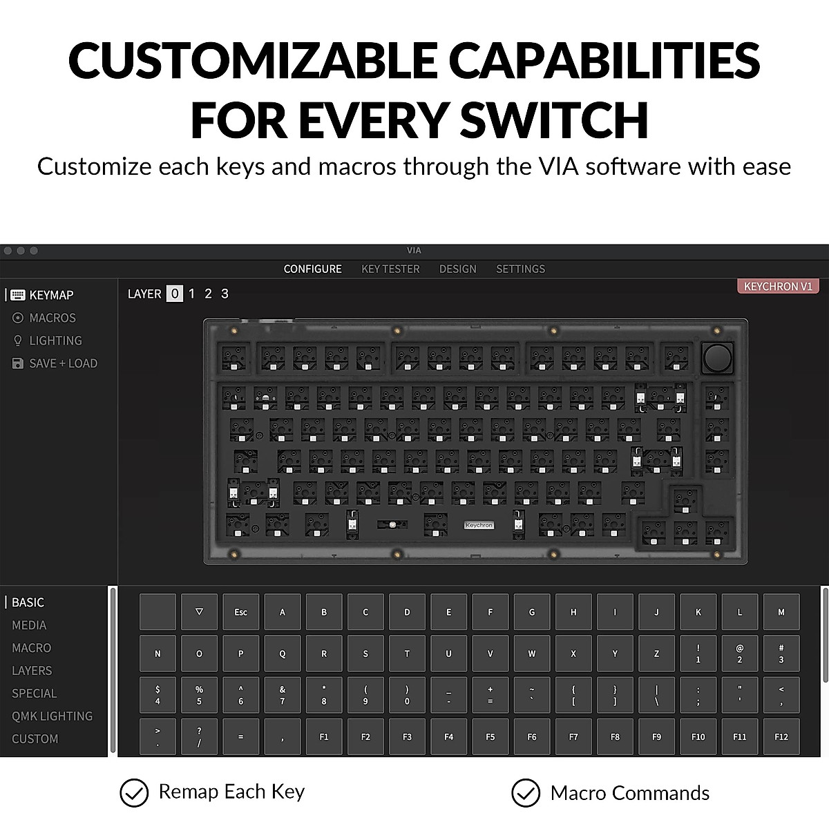 Keychron V1 Wired Custom Mechanical Keyboard Barebone Knob, 75% Layout QMK/VIA Programmable Macro with Hot-swappable Support Compatible with Mac Windows Linux (Frosted Black - Translucent)