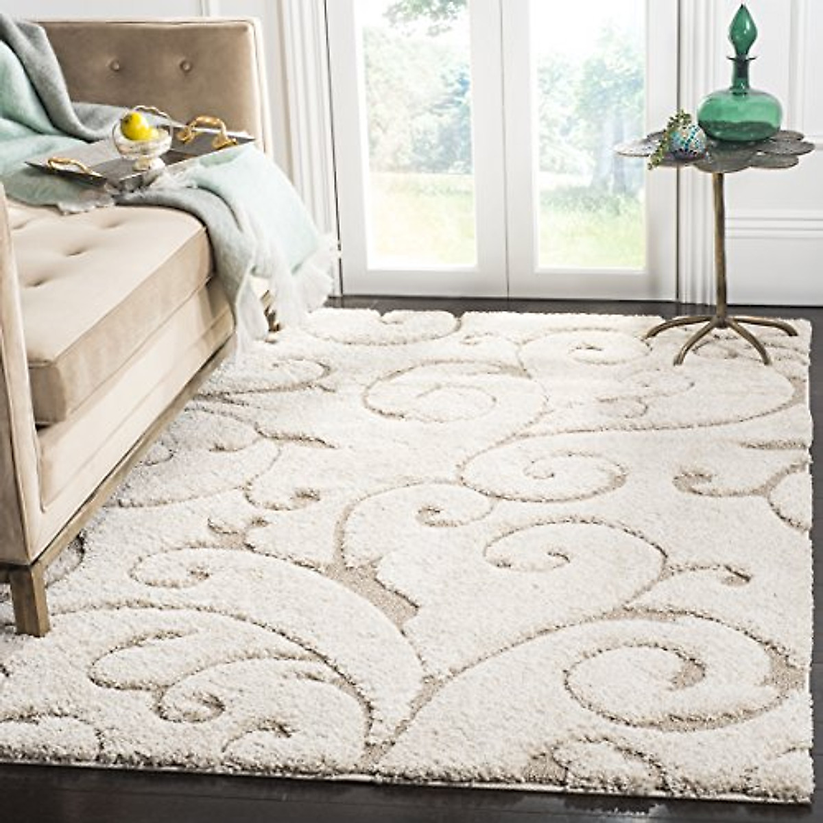 SAFAVIEH Florida Shag Collection Accent Rug - 4' x 6', Cream & Beige, Scroll Design, Non-Shedding & Easy Care, 1.2-inch Thick Ideal for High Traffic Areas in Foyer, Living Room, Bedroom (SG455-1113)