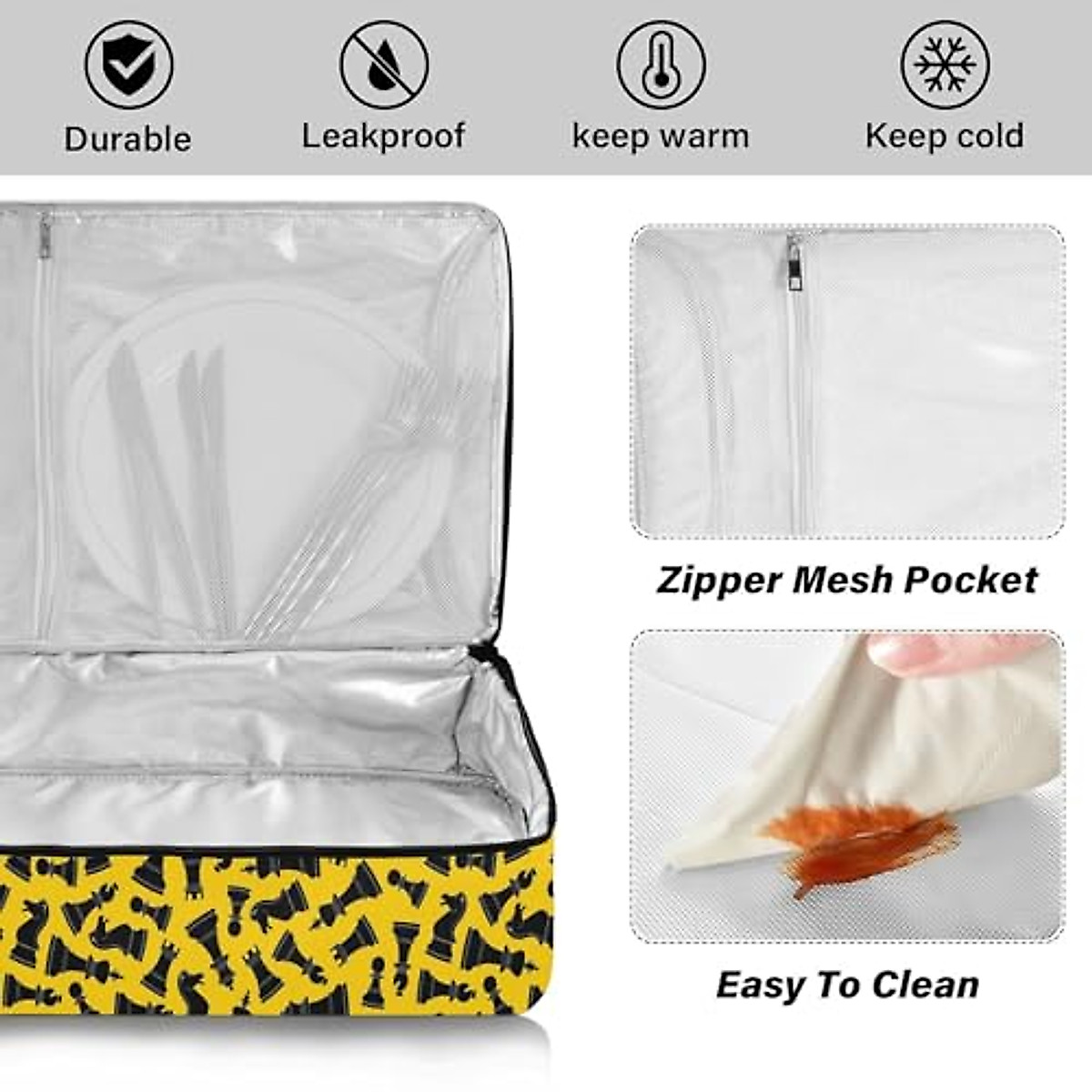Kcldeci Insulated Thermal Food Carrier Insulated Casserole Carrier for Hot or Cold Food,Yellow Chess Pieces Insulated Tote Bag for Potluck Cookouts Parties Picnic,Lasagna Lugger