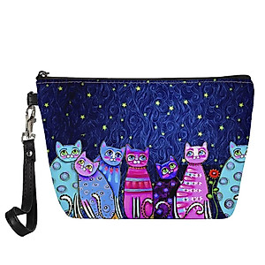 Poceacles Colorful Cats Print Small Makeup Bag for Purse for Women Cute Cosmetic Bag Large Capacity PU Leather Makeup Bags Travel Toiletry Bag Organizer Pouch with Wrist Strap