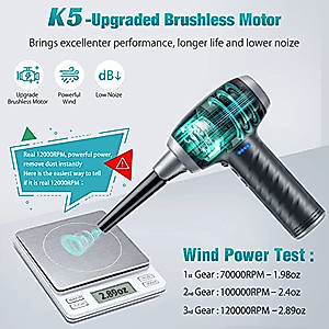 【Brushless Motor 120000RPM】KACNON Compressed Air Duster, 3-Gear Dust Blower Electric Air Duster for Computer Cleaning, 15W Fast Charging, LED Light & 4 Battry Indicator, 7500mAh Replace Air Cans