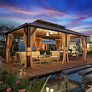 YOLENY 12' X 20' Hardtop Gazebo, Galvanized Steel Ventilation Double Roof Aluminum Frame, Curtains and Netting Included, Outdoor Gazebo for Garden, Patio, Lawns, Parties