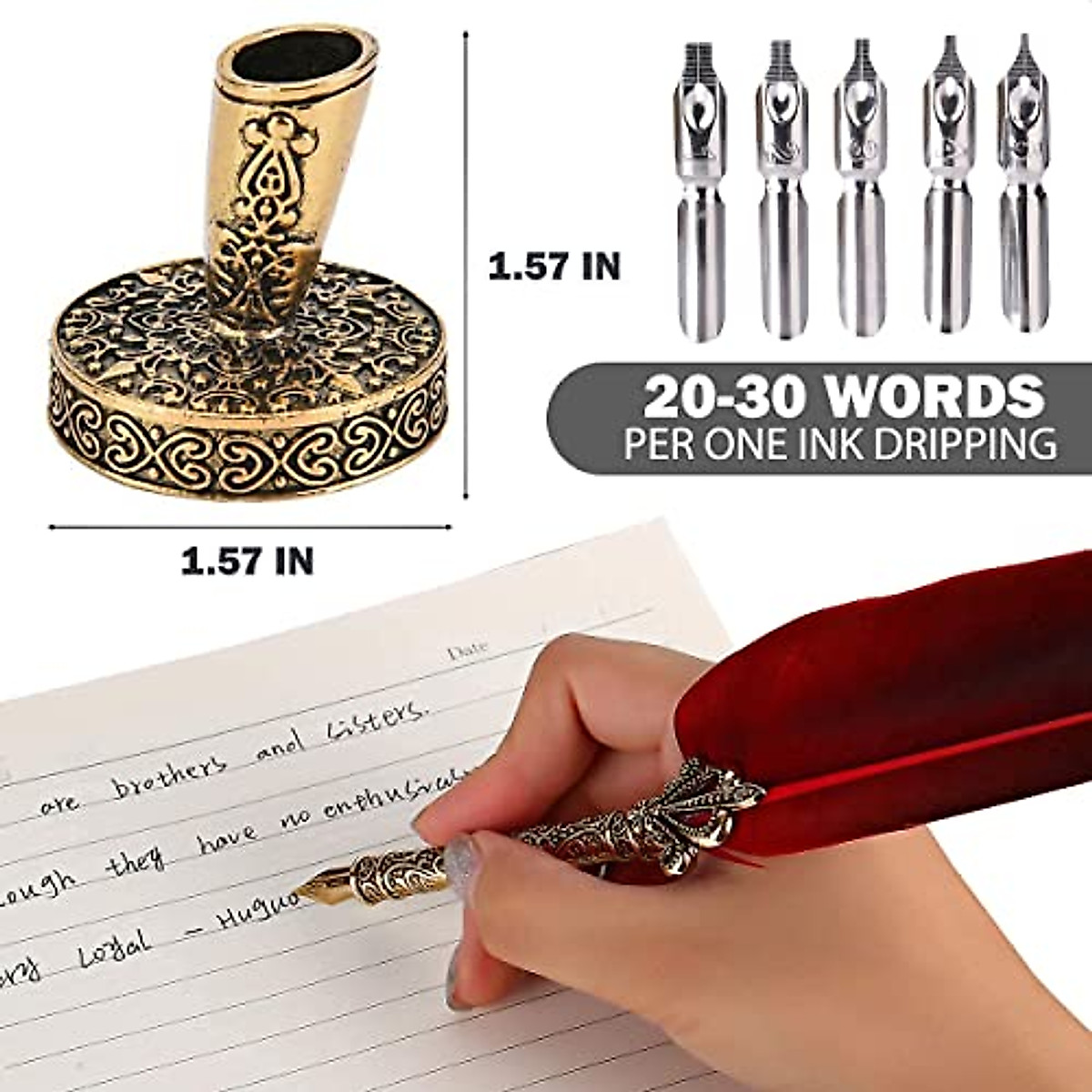 Feather Quill Pen Ink Set - Calligraphy Dip Pen Set Fountain Pen Ink Red Feather Pen Display Case with Inkwell and Stand - Quill Pen Set with 5 Stainless Steel Pen Nib Set for Writing Paper, Letter