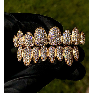 Shop-iGold 14k Gold Plated Joker Gold Grillz for Mouth Top Bottom Hip Hop Teeth Grills for Teeth Mouth Grillz for Mouth Top Bottom Hip Hop 8 Teeth Grills for Teeth Mouth Set